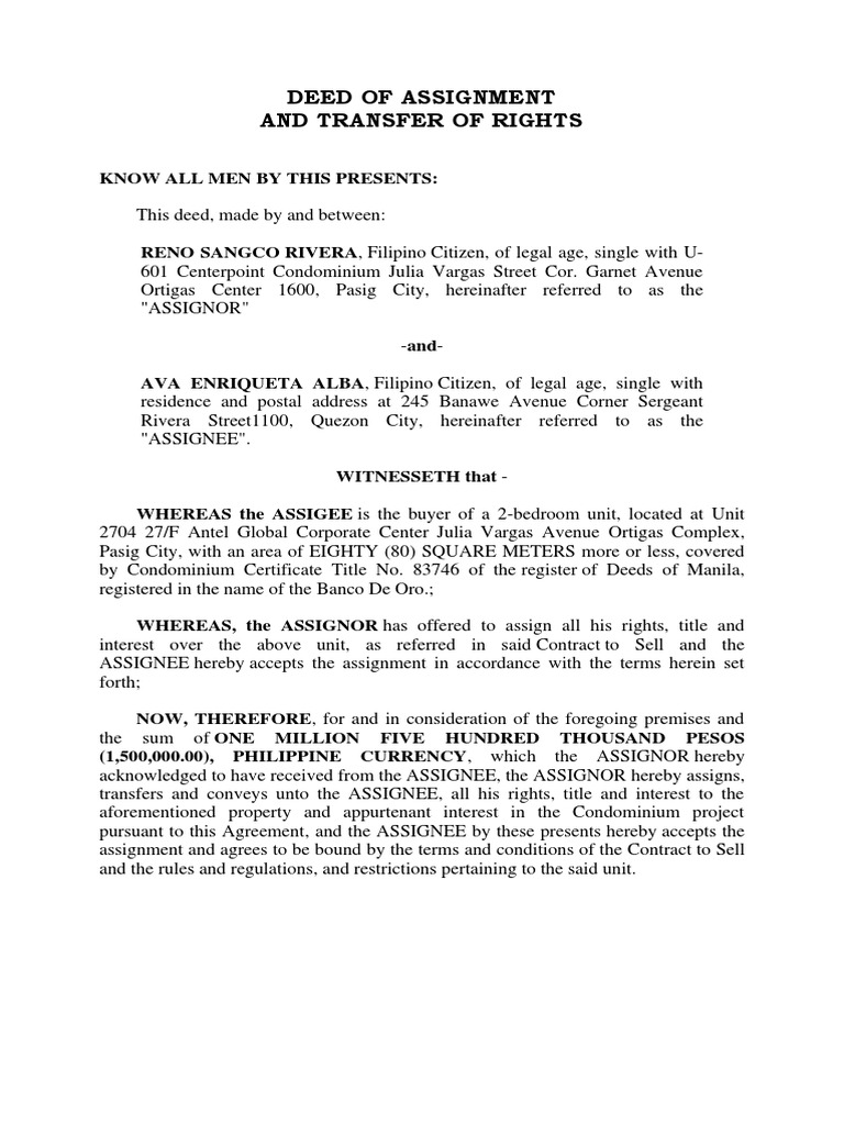 Deed of Assignment | PDF | Assignment (Law) | Deed