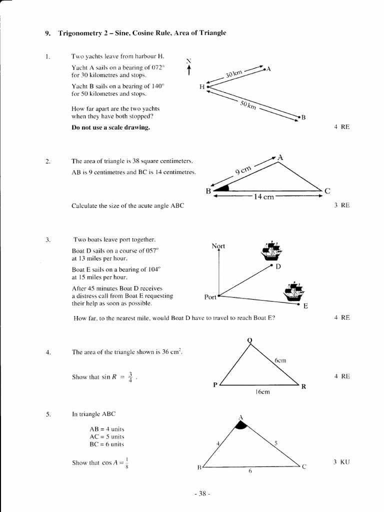 Sine, Cosine, and Area Rule Worksheet | PDF | Triangle | Sine