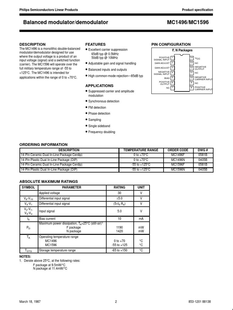 MC1496 PDF | PDF | Modulation | Telecommunications Engineering