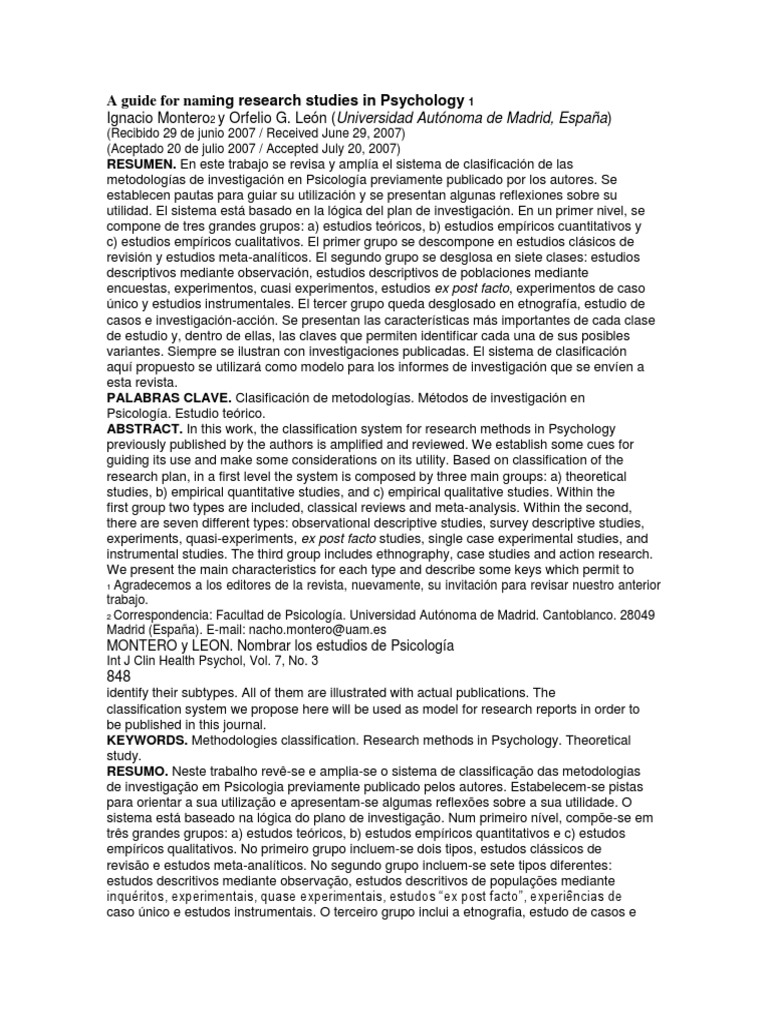 A Guide For Naming Research Studies in Psychology, Montero y Leon, 2007 ...