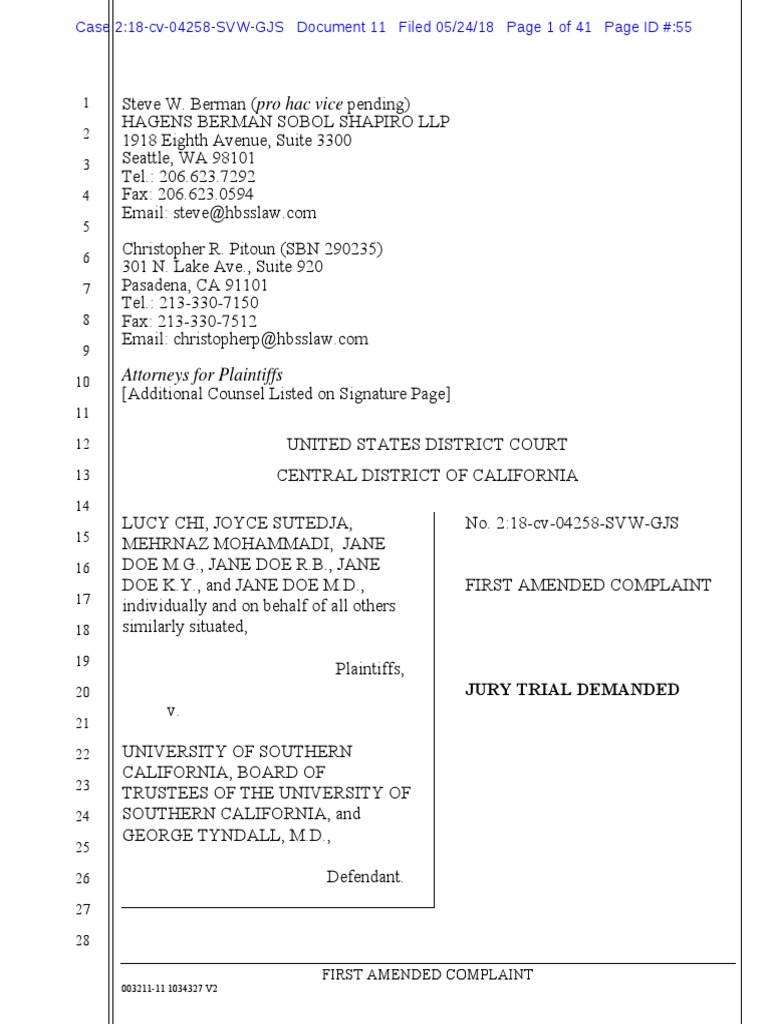2018 05 24 First Amended Complaint Usc Tyndall | PDF | Polycystic Ovary ...