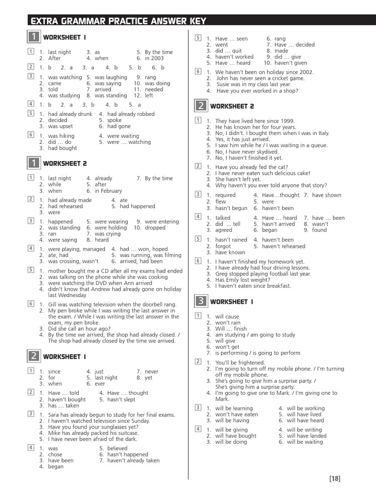 Extra Grammar Practice Answer Key: Worksheet 1 | PDF | Leisure