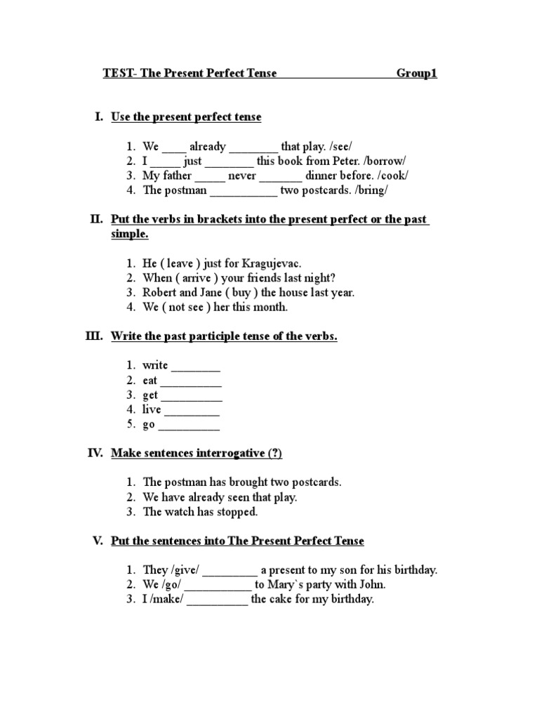 TEST-The Present Perfect Tense | PDF | Perfect (Grammar) | Grammatical ...