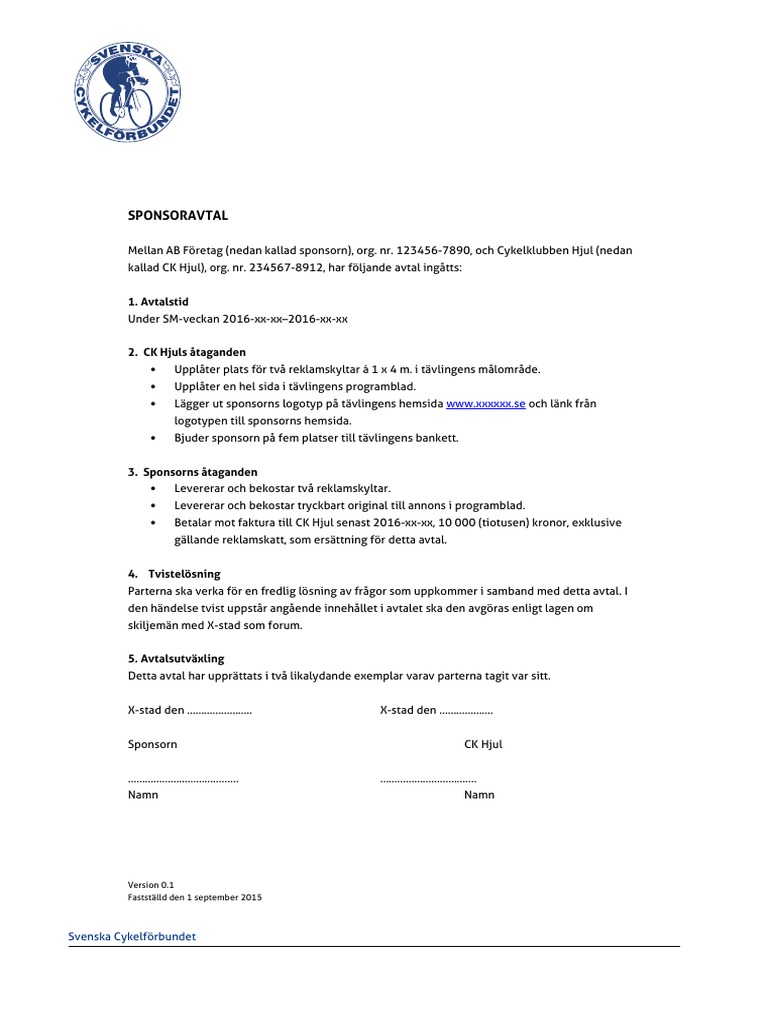Bilaga 11 Avtal Med Sponsor Exempel 2 | PDF