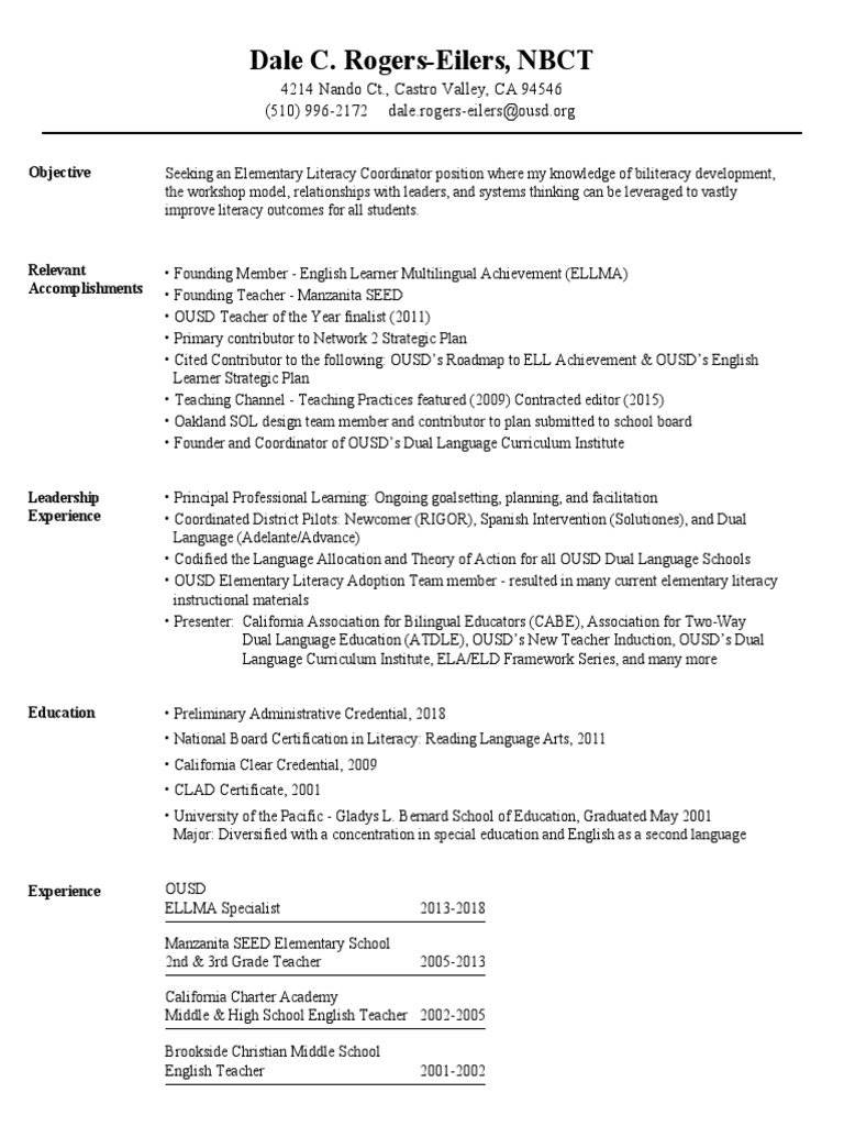 Dale Resume Coordinator 2018 1 | PDF | Teachers | English As A Second ...