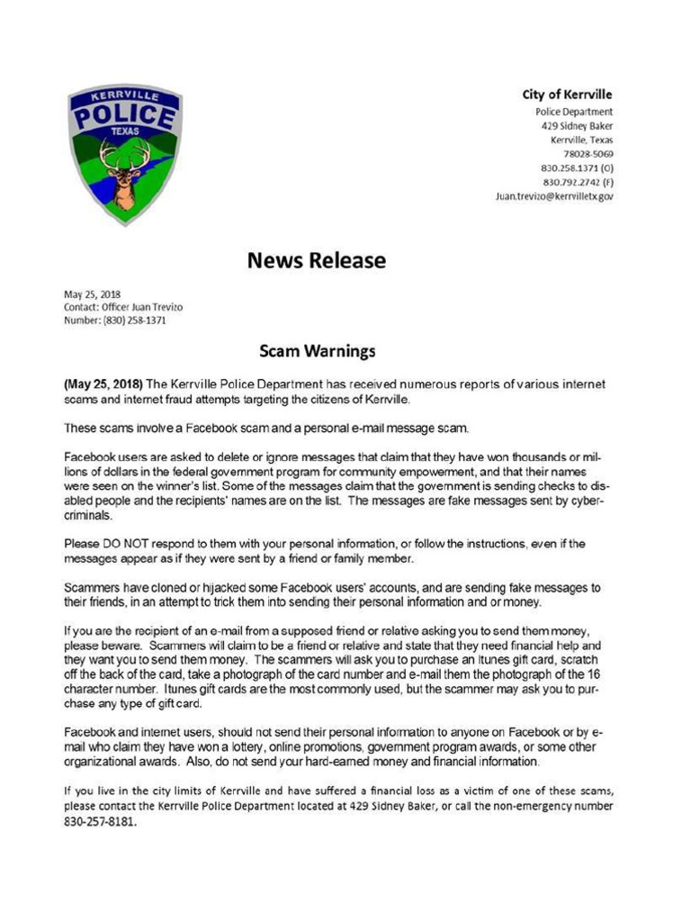 Kerrville Police Department - Scam Warning | PDF