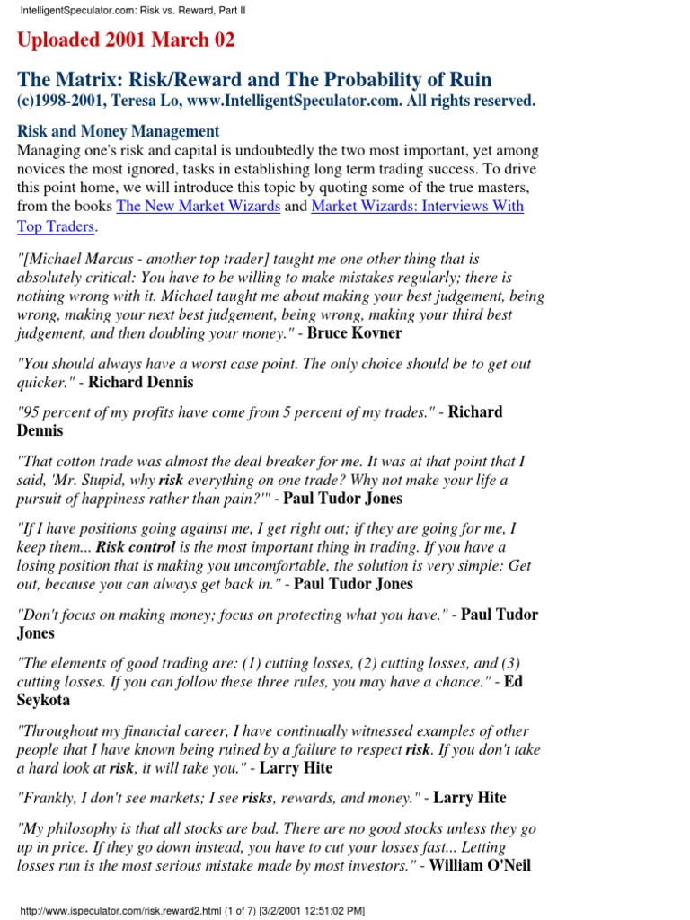 The Matrix: Risk/Reward and The Probability of Ruin: Uploaded 2001 ...