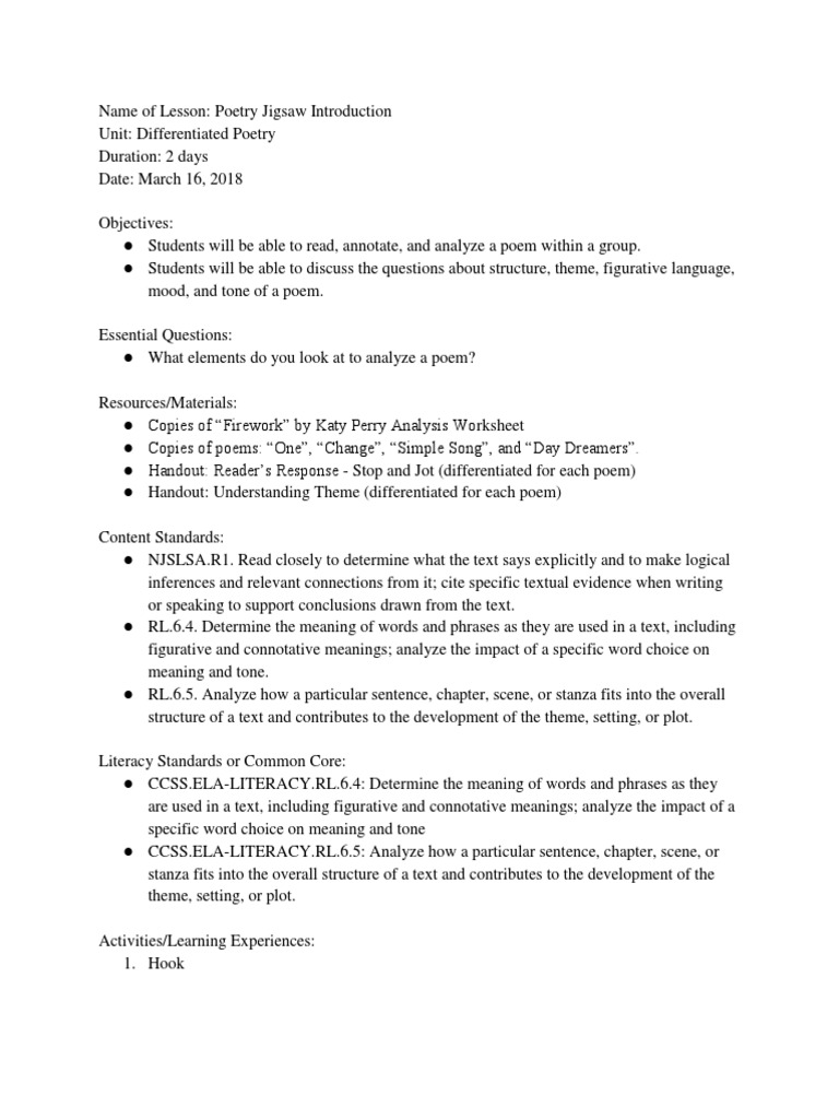 Poetry Jigsaw Lesson Plan | PDF | Poetry | Phrase