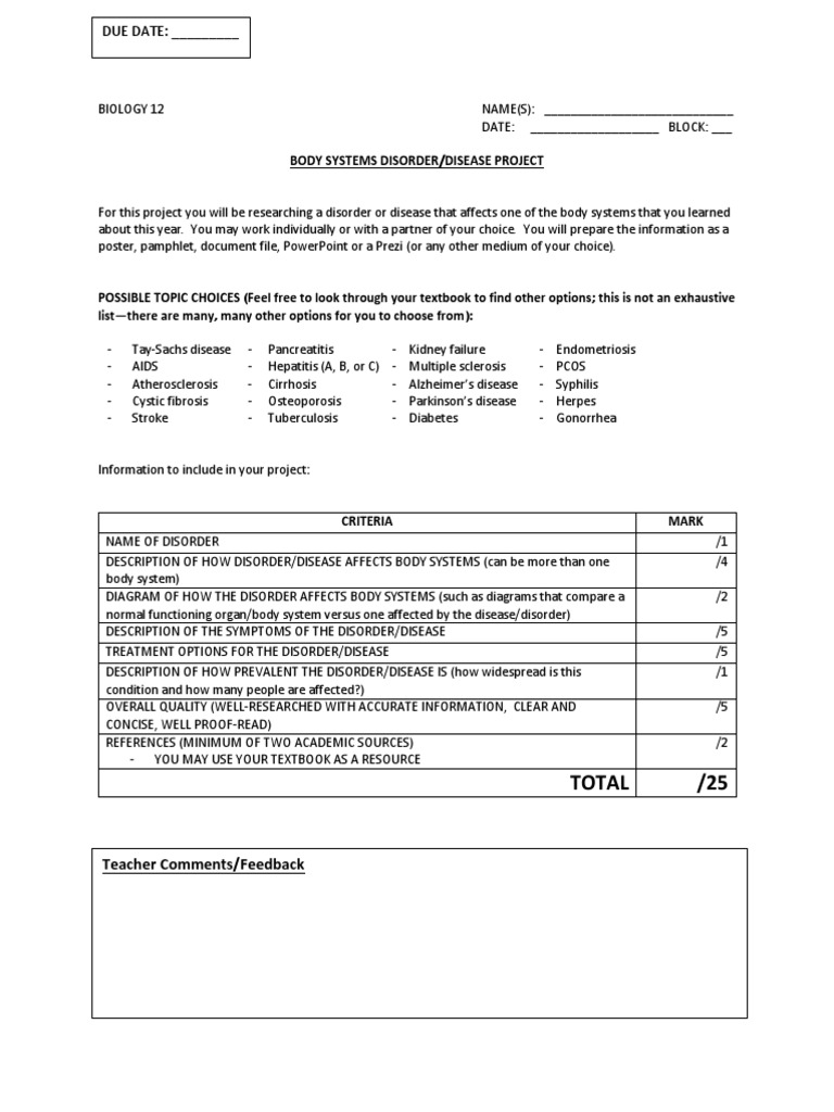 Disease Project Handout and Rubric | PDF | Human Diseases And Disorders ...