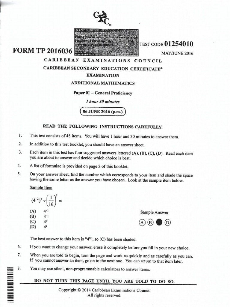 CXC CSEC Add Maths 2016 P1 PDF | PDF