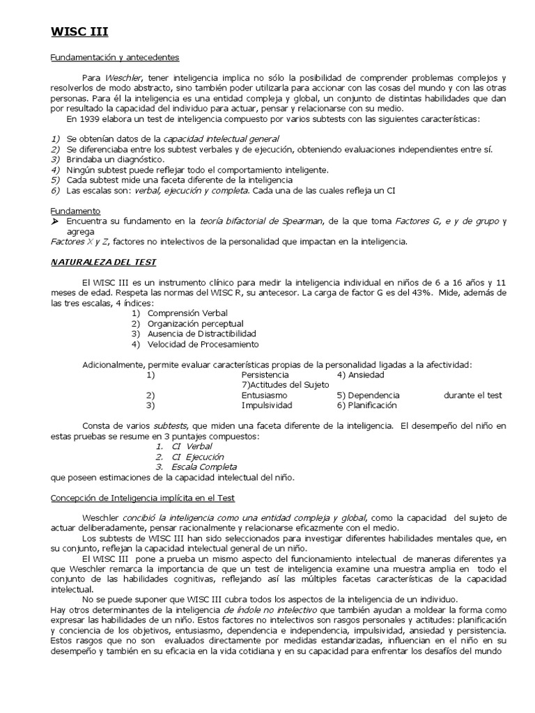Wisc Iii: Naturaleza Del Test | PDF | Neuropsychological Assessment ...