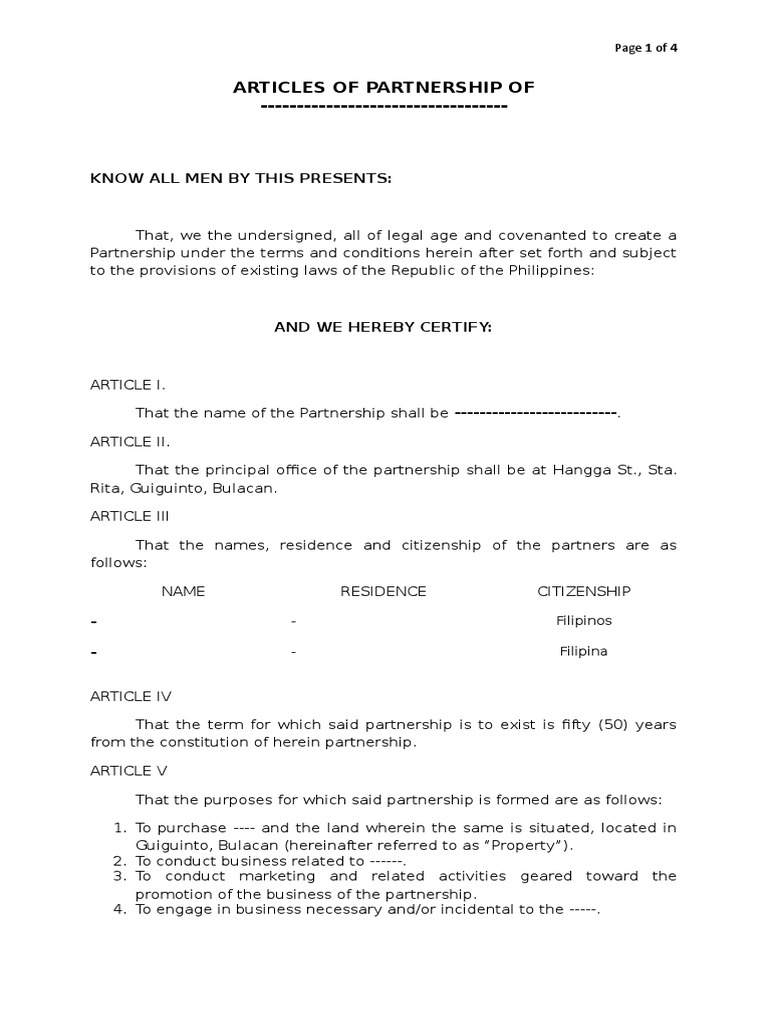 Articles of Partnership Template Philippines | PDF | Partnership | Interest