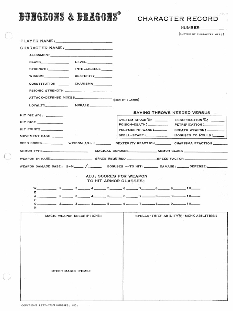 Character Record Sheet (1979) - Printable B&W | PDF | Role Playing ...