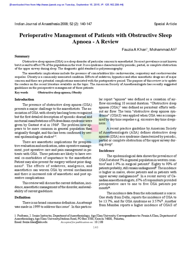 Perioperative Management of Patients with Obstructive Sleep Apnea: A ...
