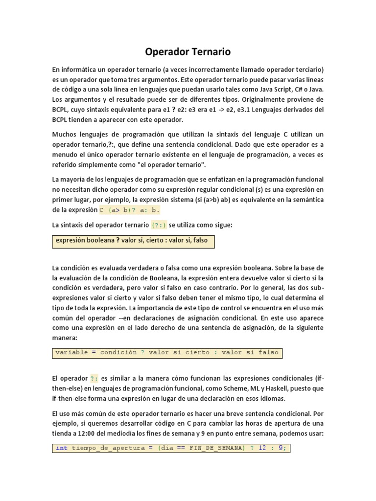 Operador Ternario | PDF | Ingeniería Informática | Software