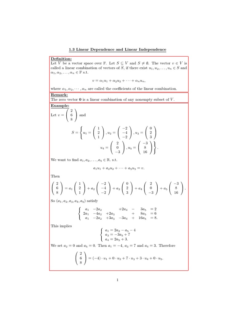 Note - 1-3 - Linear Dependence and Linear Independence | PDF | Vector Space | Space