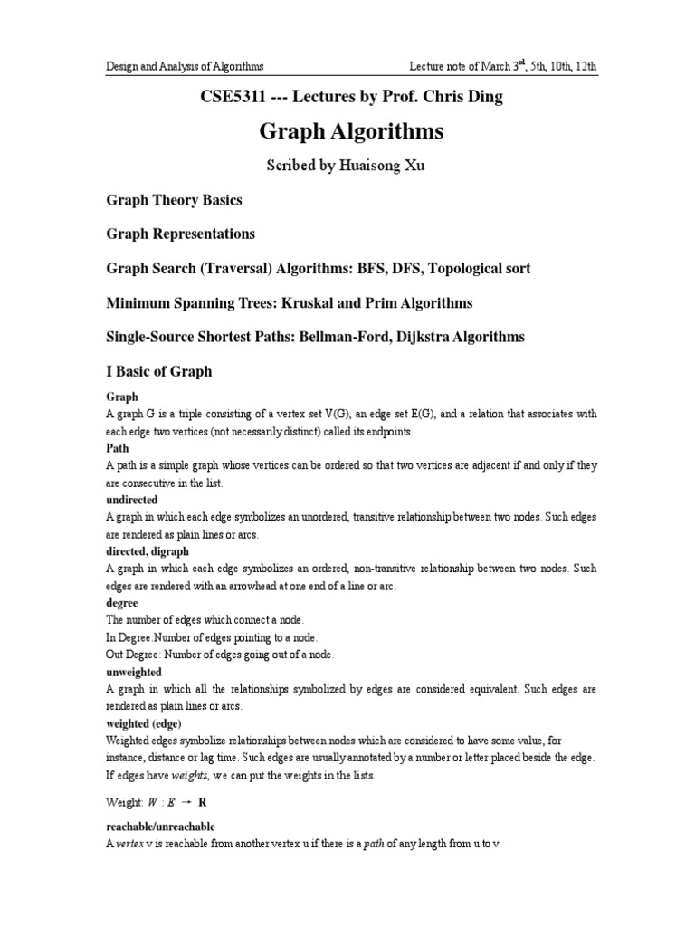 Graph Algorithms Cse5311 Lectures By Prof Chris Ding Pdf Vertex Graph Theory