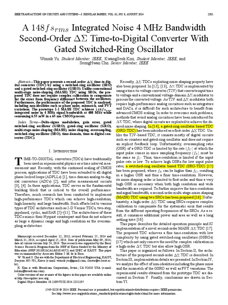 A 148 Fs Rms Integrated Noise 4 MHZ Bandwidth Second-Order DS Time-To ...