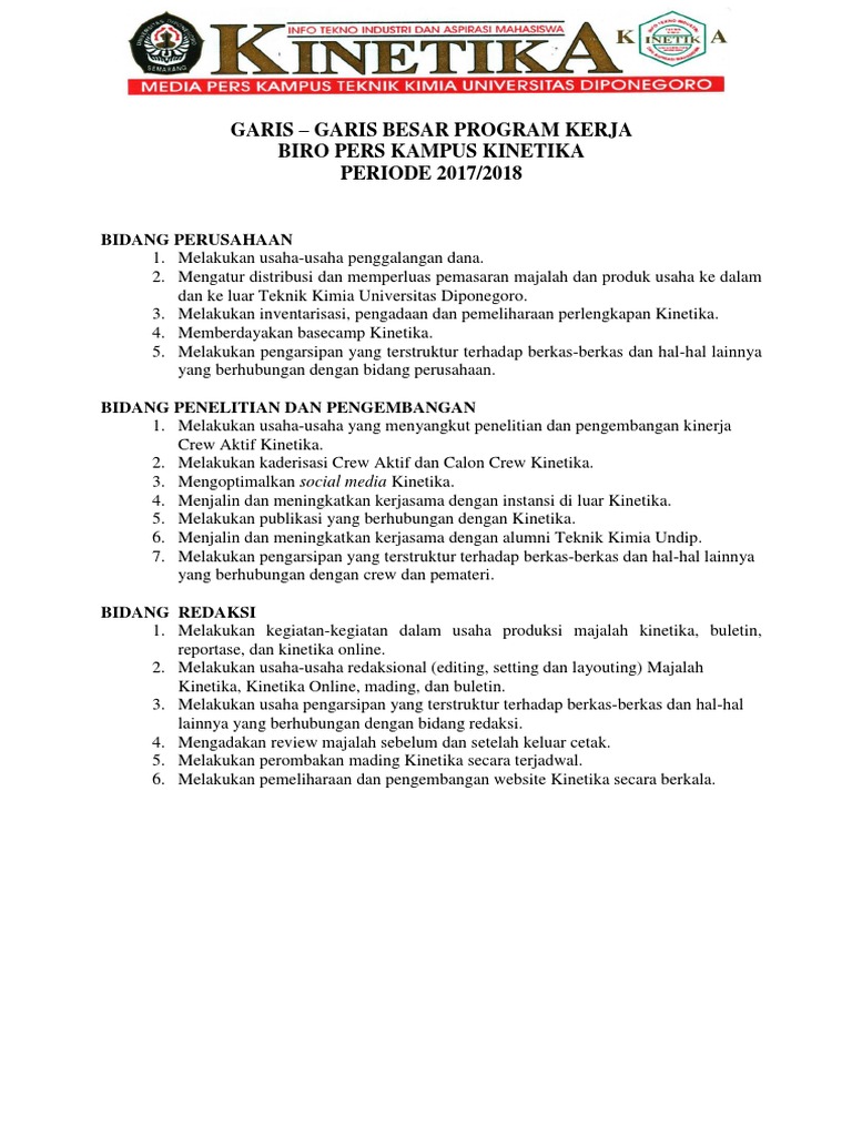 Garis - Garis Besar Program Kerja Biro Pers Kampus Kinetika PERIODE 2017/2018 | PDF | Business | Art