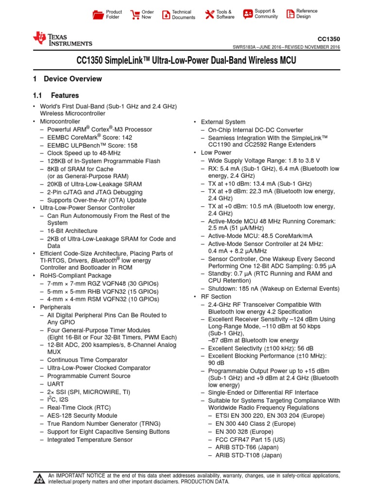 Cc1350 Simplelink™ Ultra-Low-Power Dual-Band Wireless Mcu: 1 Device ...