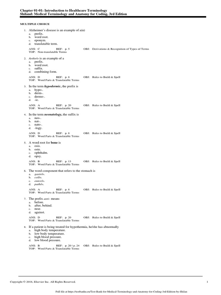 Test Bank For Medical Terminology and Anatomy For Coding 3rd Edition by ...