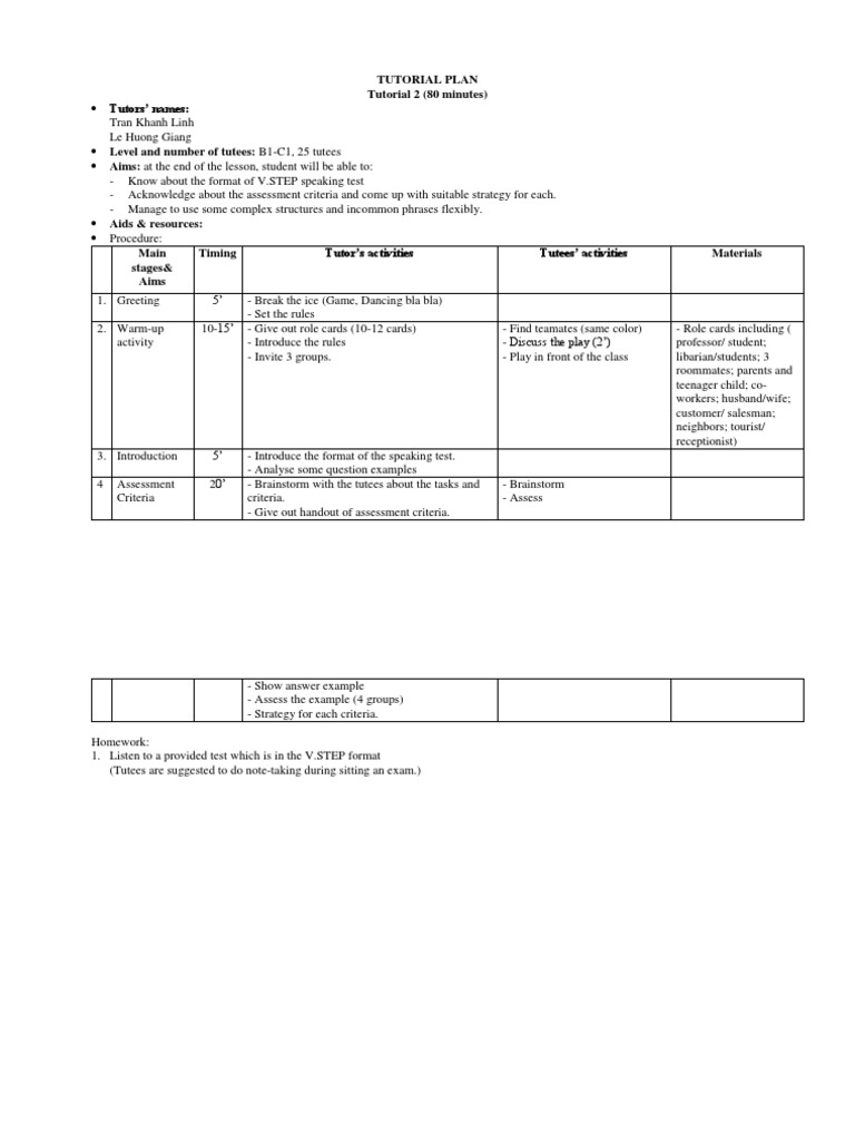 Tutorial Plan Tutorial 2 (80 Minutes) Tutors' Names | PDF | Lesson Plan ...