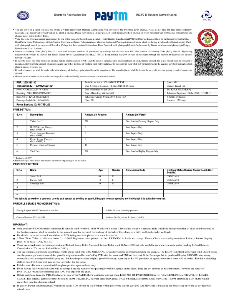 Electronic Reservation Slip IRCTC E-Ticketing Service (Agent ...
