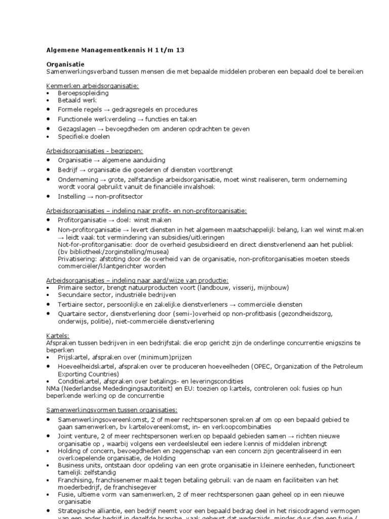 Uittreksel Algemene Managementkennis LOI HBO Management | PDF