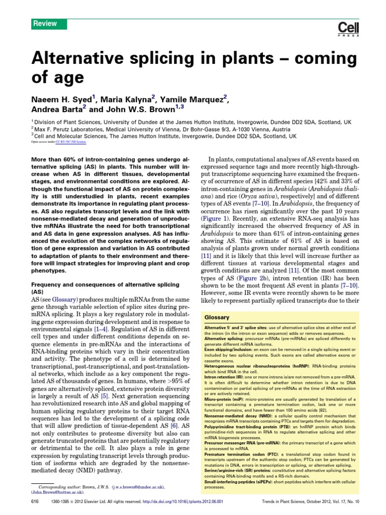 Alternative Splicing in Plants | PDF | Alternative Splicing | Rna Splicing