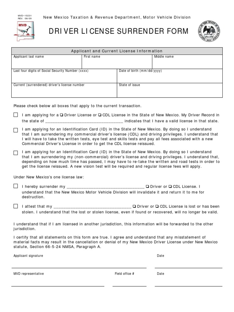 Mvd-Driver's License Surrender Form | Download Free PDF | Driver's License | Identity Document