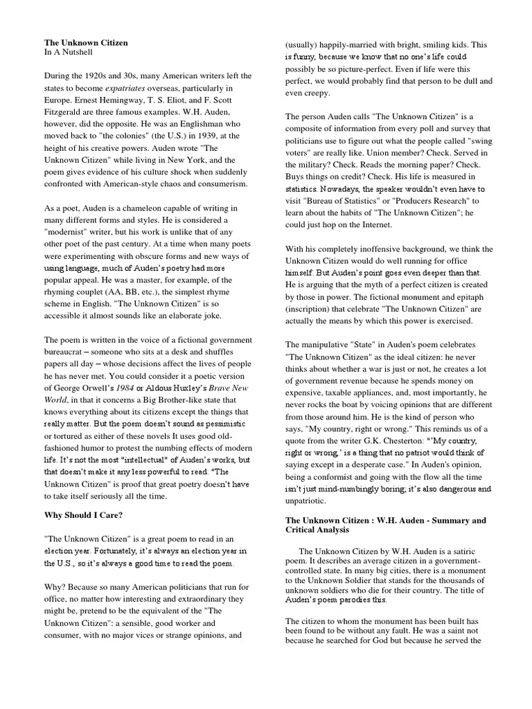 The Unknown Citizen Auden | PDF | Eugenics | Poetry