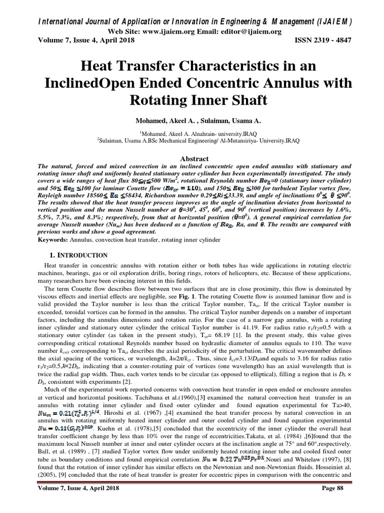 Heat Transfer Characteristics In An Inclined Open Ended Concentric Annulus With Rotating Inner