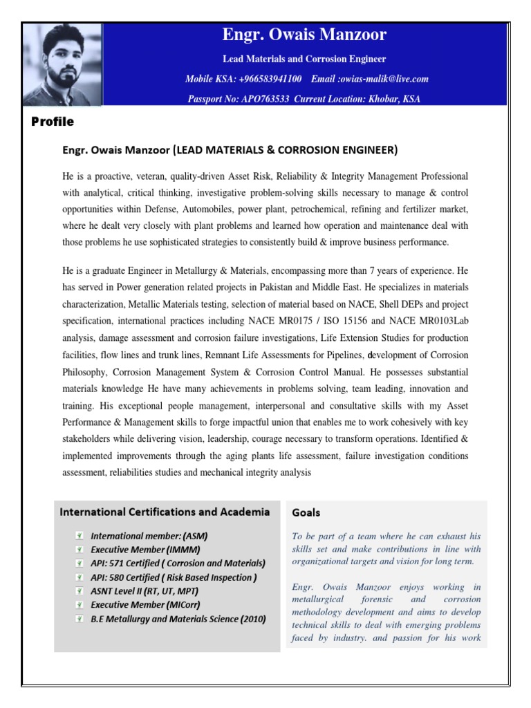 Lead Materials & Corrosion Engineer Profile | PDF | Corrosion ...