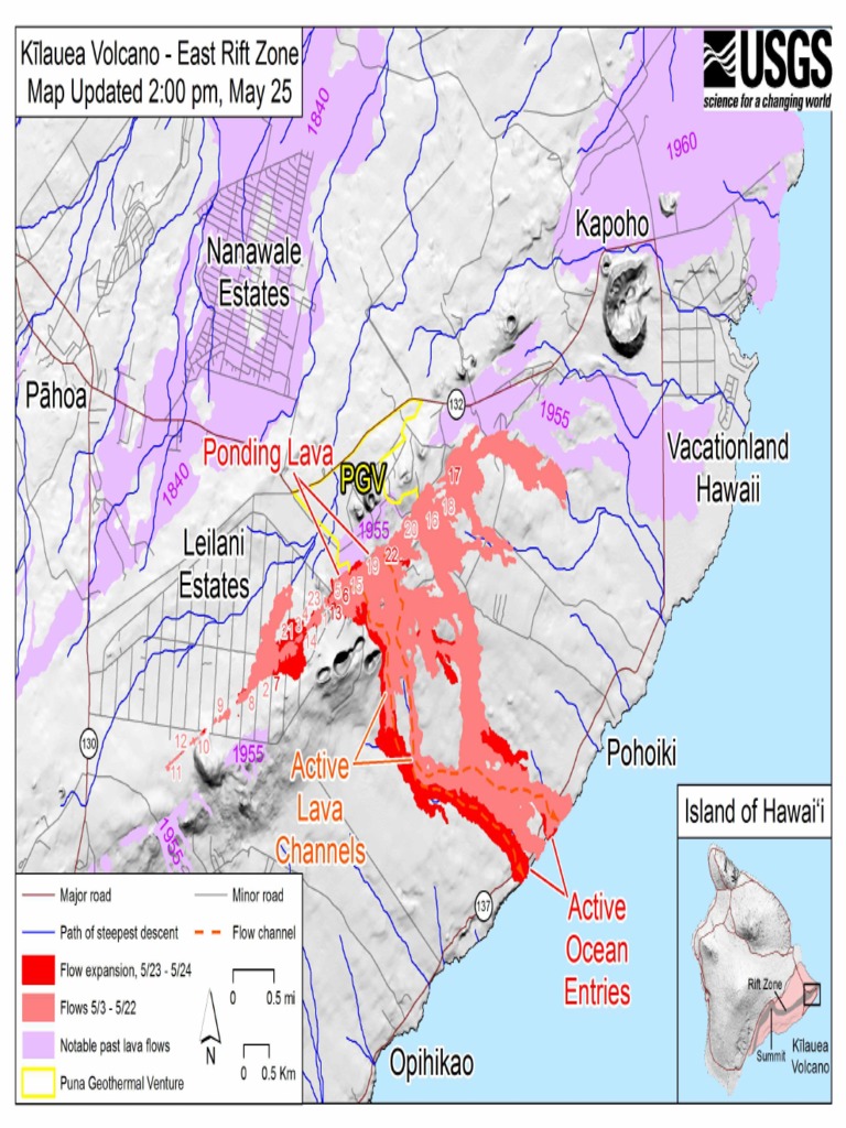 Kilauea Lower East Rift Zone Fissures and Flows, May 25