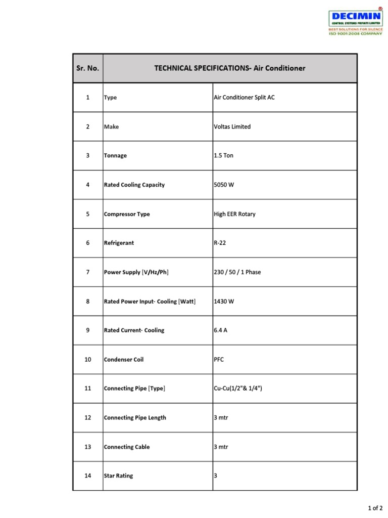 Air Conditioner Specification | PDF | Technology & Engineering