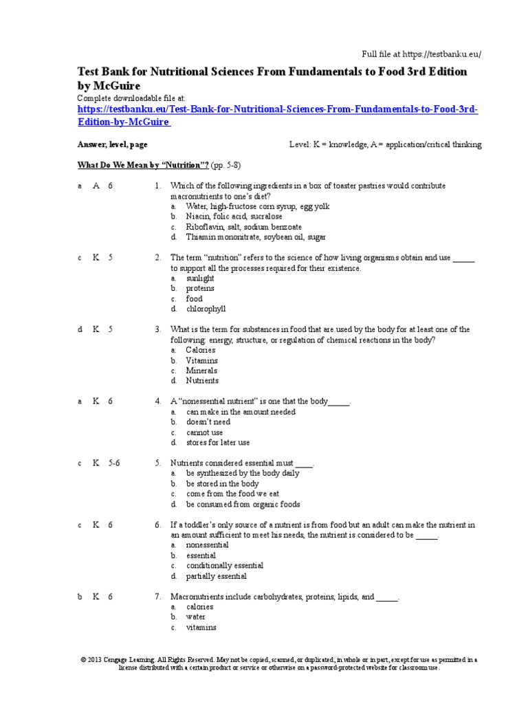 Test Bank For Nutritional Sciences From Fundamentals To Food 3rd ...