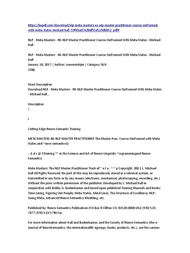 NLP - Meta Masters - NS-NLP Master Practitioner Course Outframed With ...