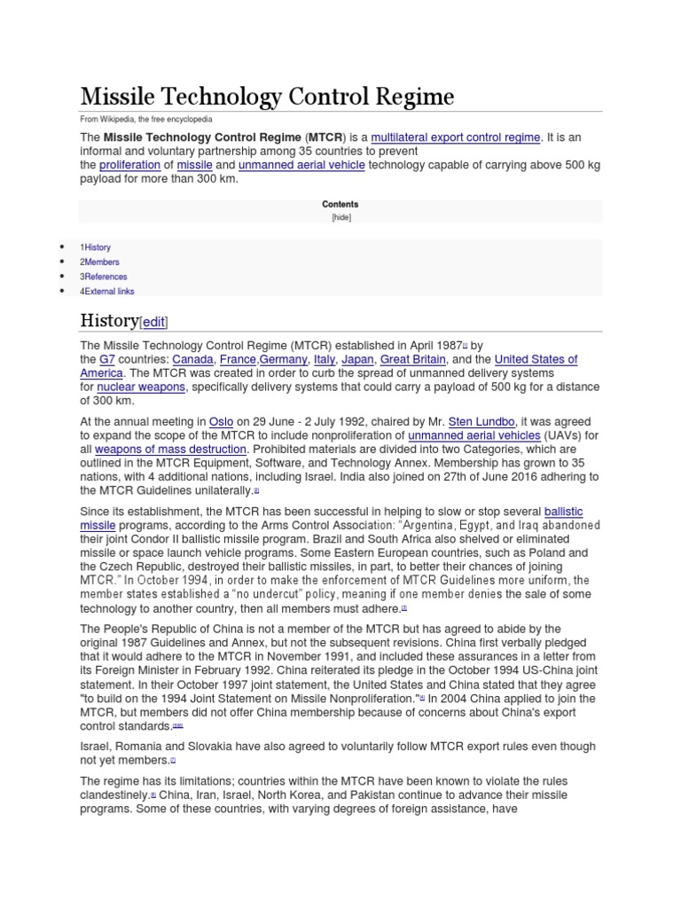 Missile Technology Control Regime | PDF | International Security | International Relations