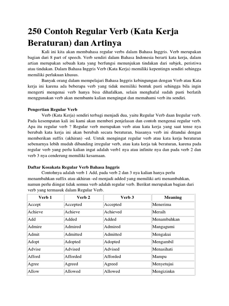 250 Contoh Regular Verb (Kata Kerja Beraturan) Dan Artinya | PDF