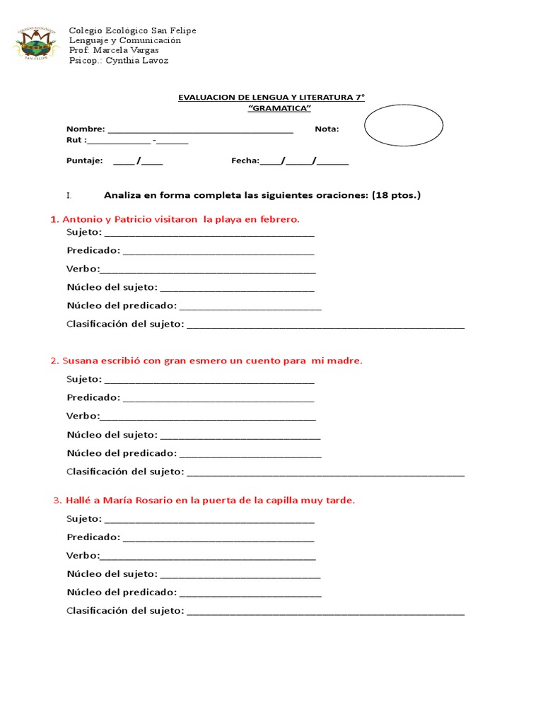 Prueba Gramatica Septimo | PDF | Predicado (Gramática) | Asunto (gramática)