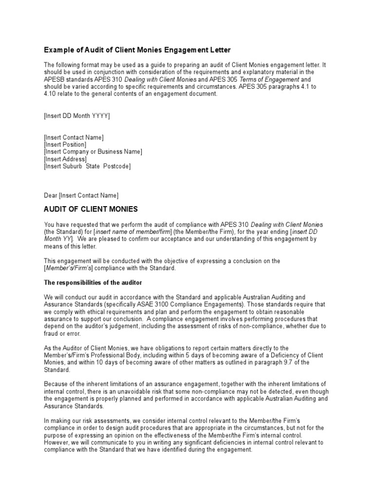 Client Monies Audit Engagement Letter | Internal Control | Audit