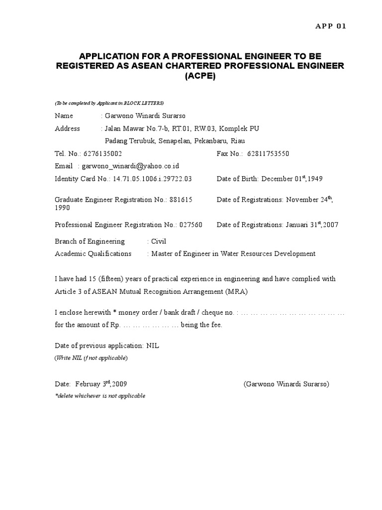 Application Form Rev - ASEAN ENGINEER Contoh | PDF | Drainage | Irrigation