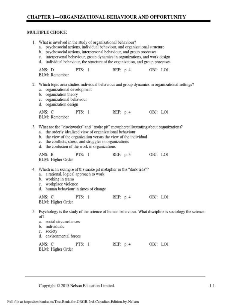 Test Bank For ORGB 2nd Canadian Edition by Nelson PDF | PDF ...