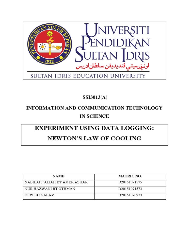 Experiment Using Data Logging: Newton'S Law of Cooling: SSI3013 (A ...