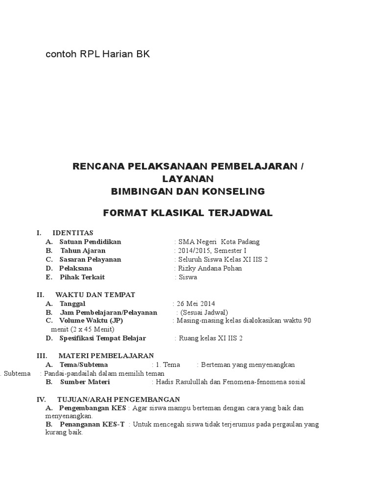 Contoh RPL Harian BK | PDF