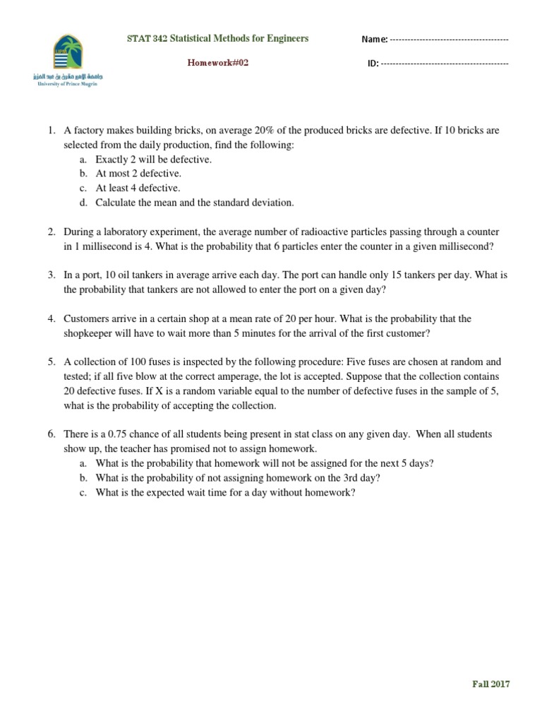 Stat 342 Statistical Methods For Engineers Homework 02 Pdf