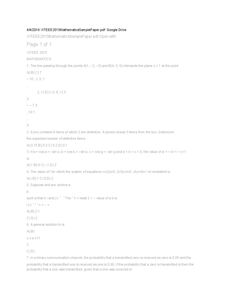 VITEEE 2015 Mathematics Sample Paper | PDF | Mathematical Objects ...