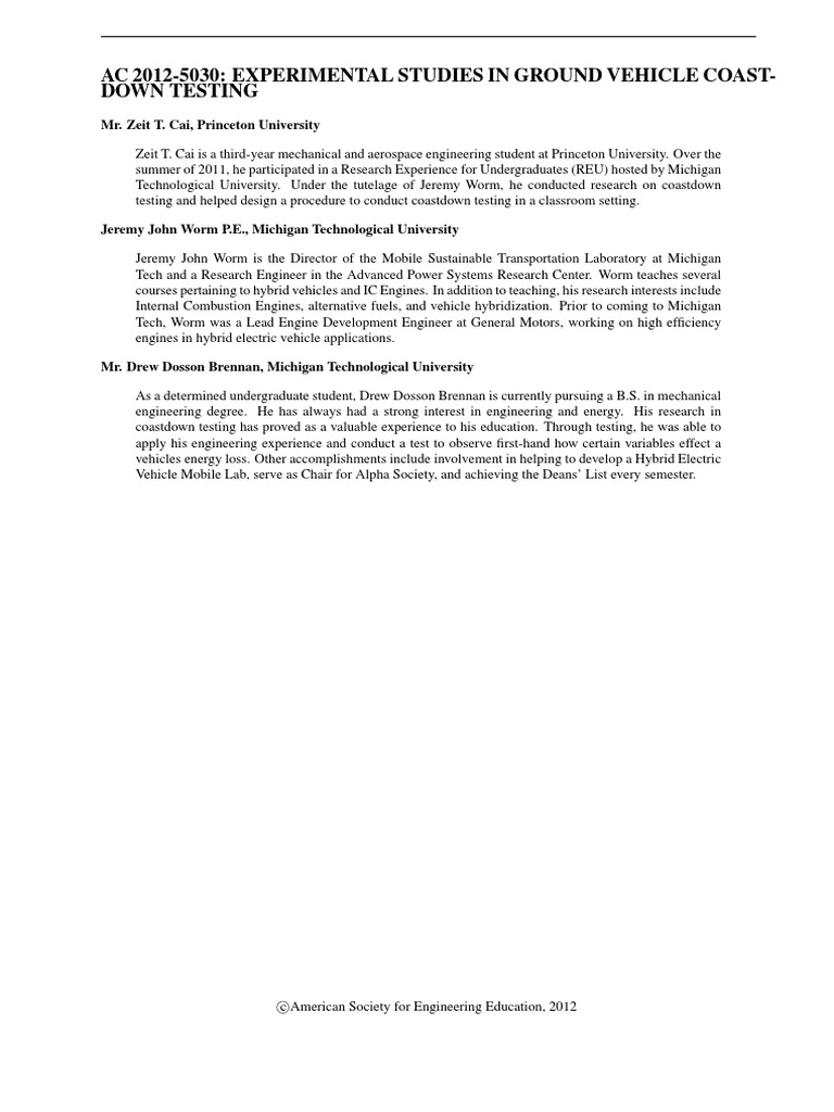 Ac 2012-5030: Experimental Studies in Ground Vehicle Coast-Down Testing ...