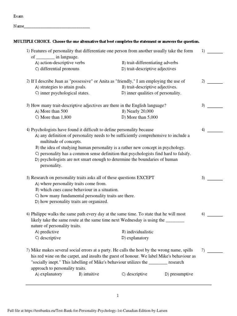 Test Bank For Personality Psychology 1st Canadian Edition by Larsen PDF ...