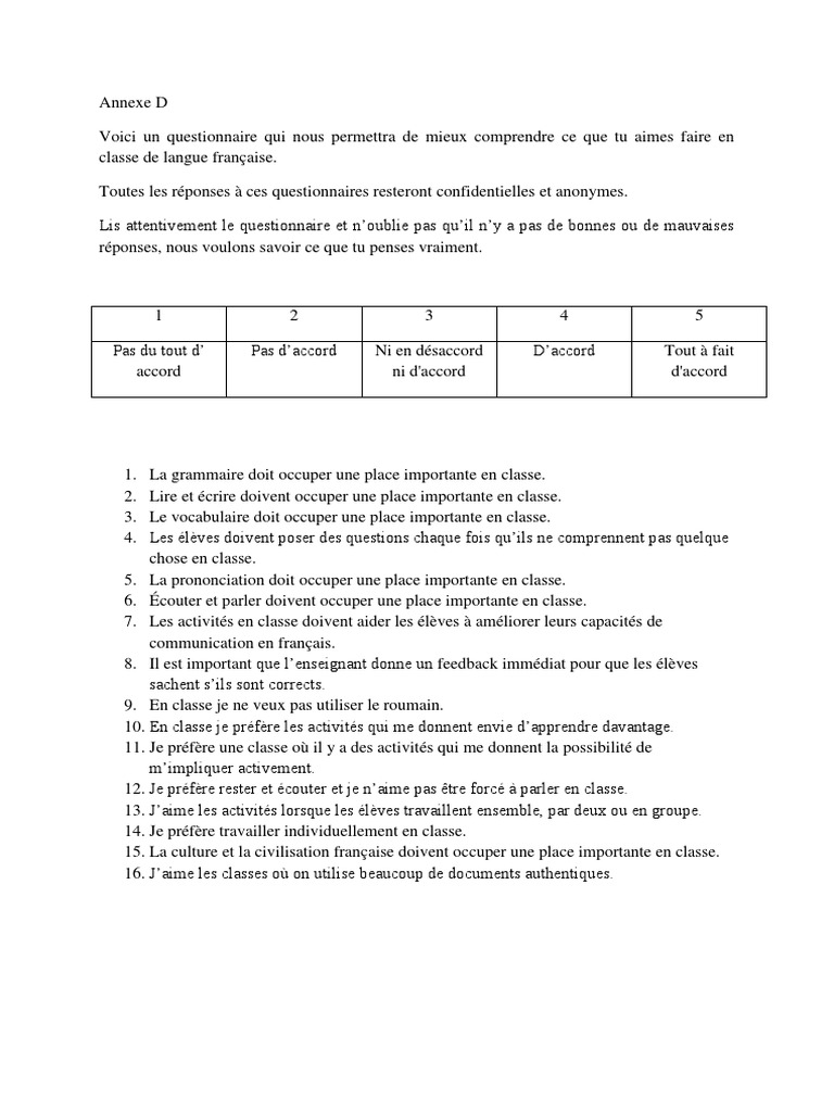 Questionnaire Activites en Classe de FLE | PDF | Arts du langage et ...